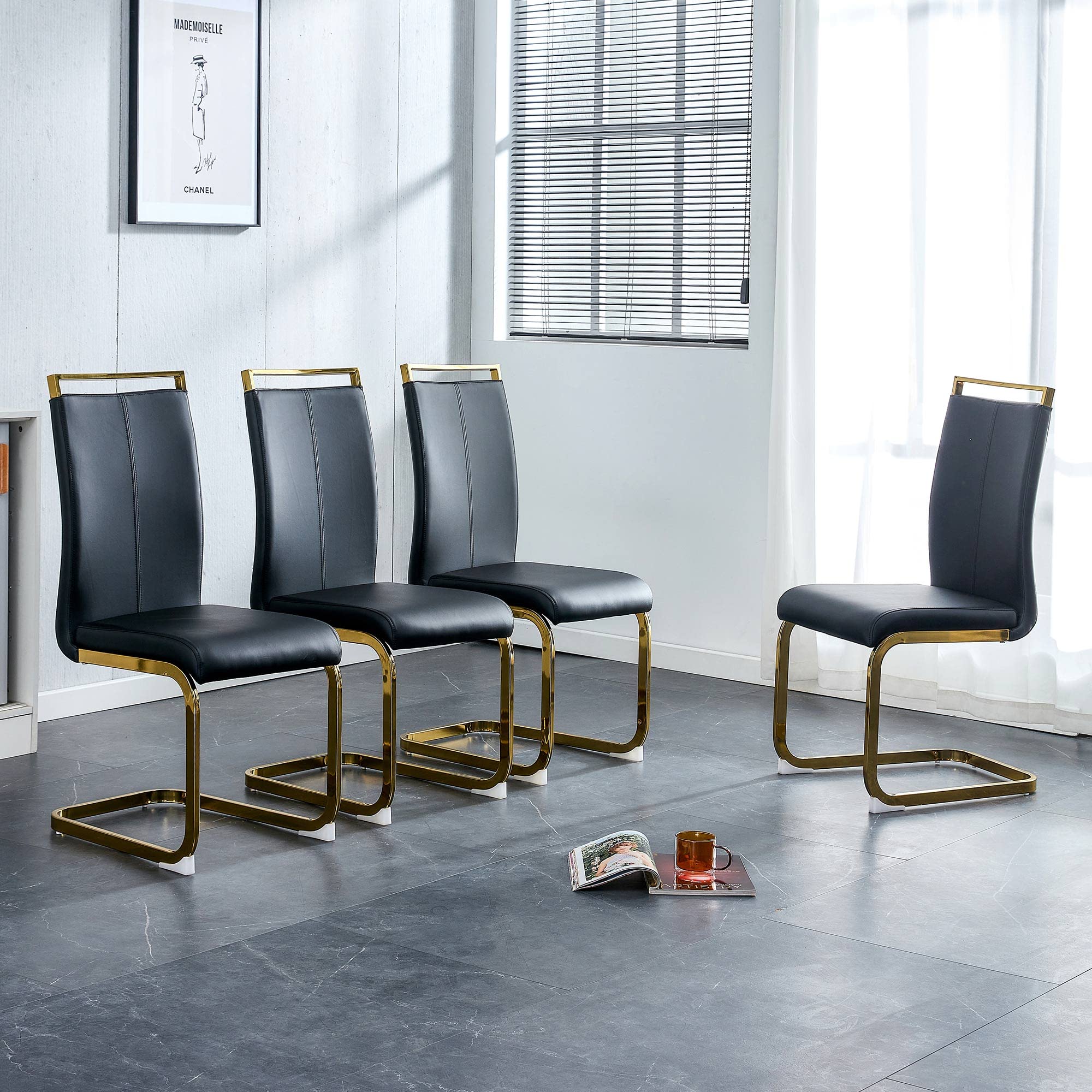 63" Golden Base Glass Dining Table Set for 4, Kitchen Table and Chairs Set with Tempered Glass Table and 4 Pcs PU Faux Leather Chairs, Large Rectangular Dining Room Table Set for Kitchen Dining Room