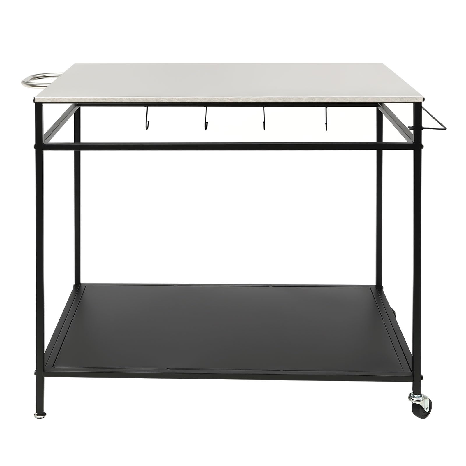 Mobile Double-Shelf Outdoor Grill Cart, Stainless Steel Dining Cart Table with Hooks and Handles, Portable Dining Table for Pizza Oven, Portable Grill Table with Storage Space