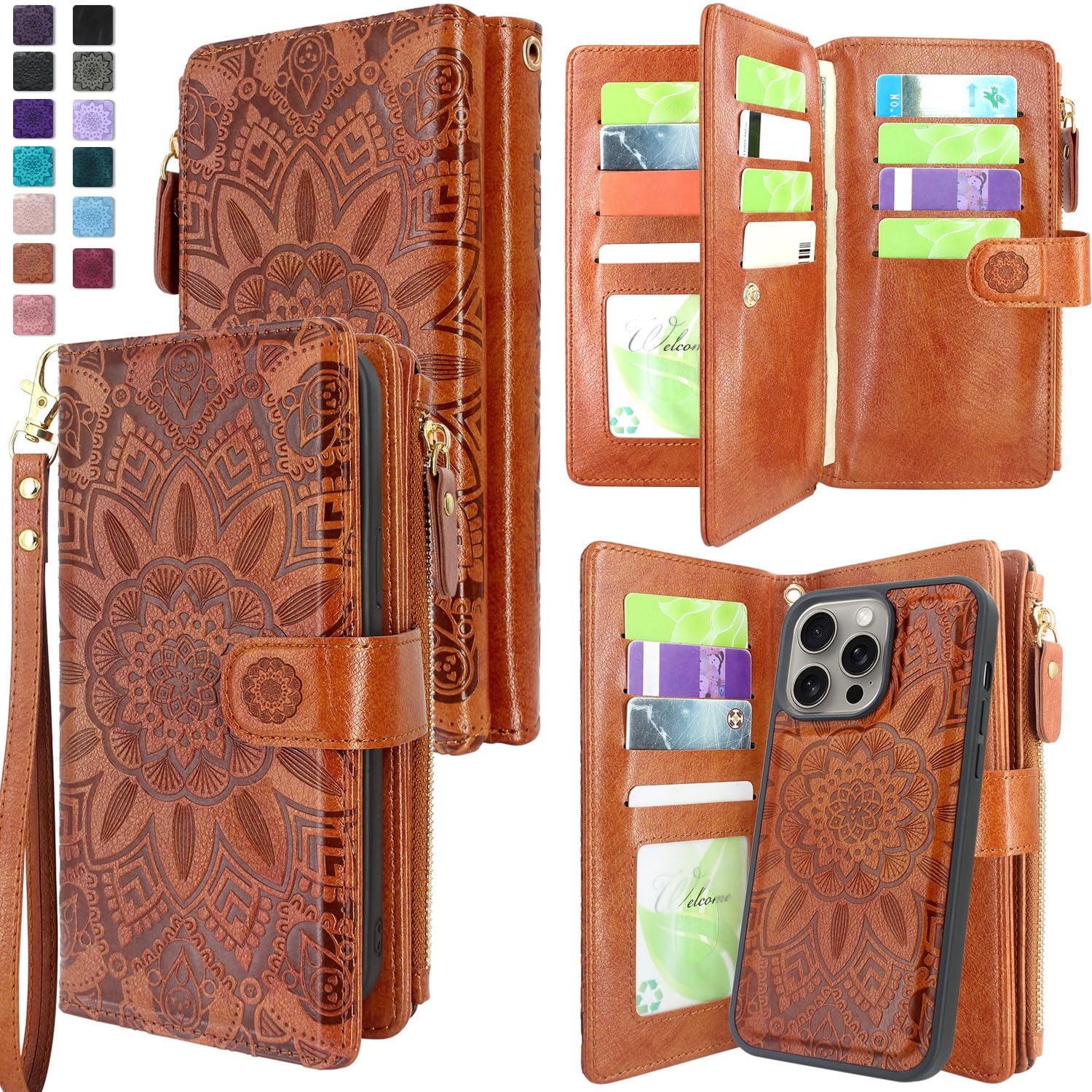 Harryshell Compatible with iPhone 15 Pro Max 6.7 inch 5G 2023 Wallet Case Detachable Removable Phone Cover Zipper Cash Pocket Multi Card Slots Wrist Strap Lanyard (Floral Brown)