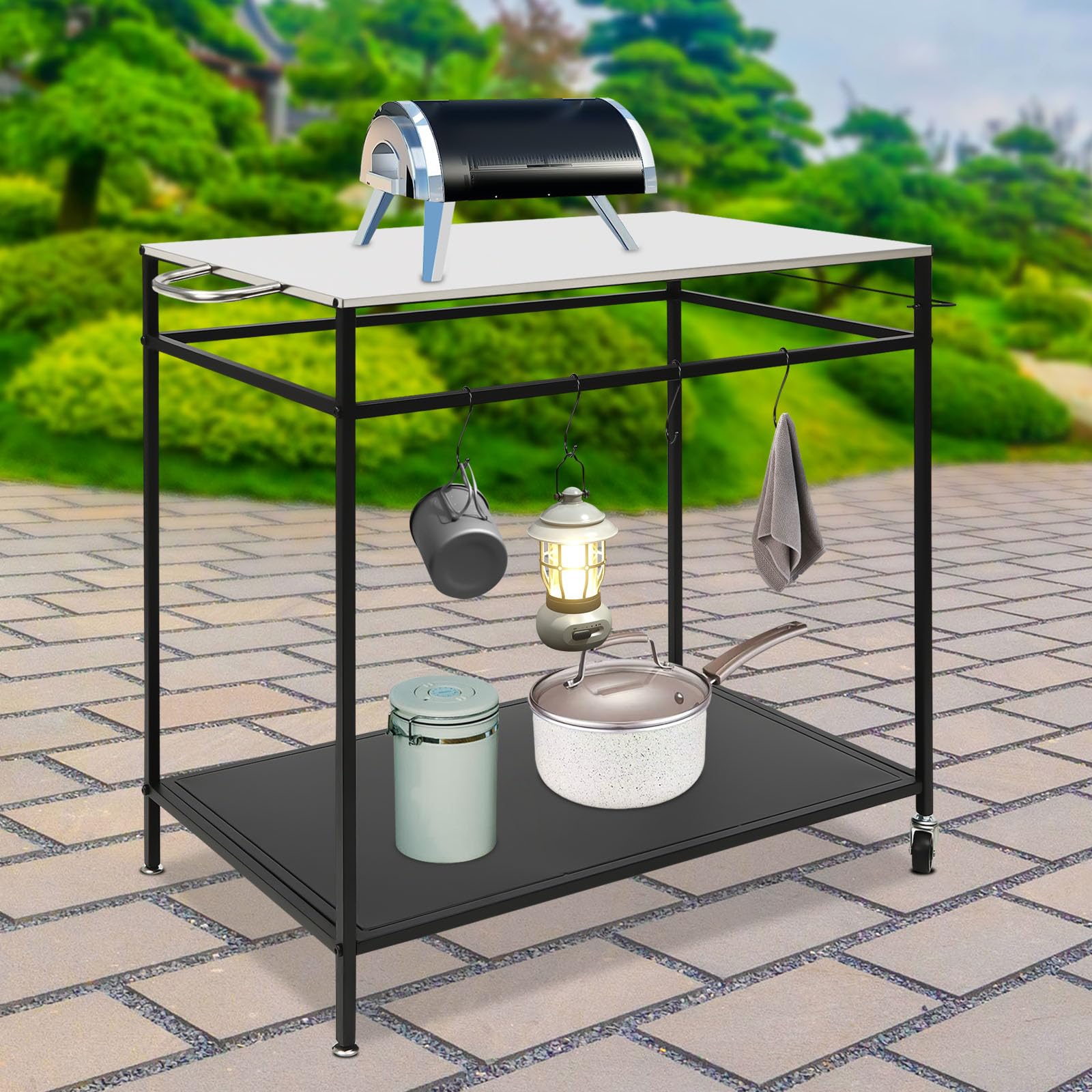 Mobile Double-Shelf Outdoor Grill Cart, Stainless Steel Dining Cart Table with Hooks and Handles, Portable Dining Table for Pizza Oven, Portable Grill Table with Storage Space
