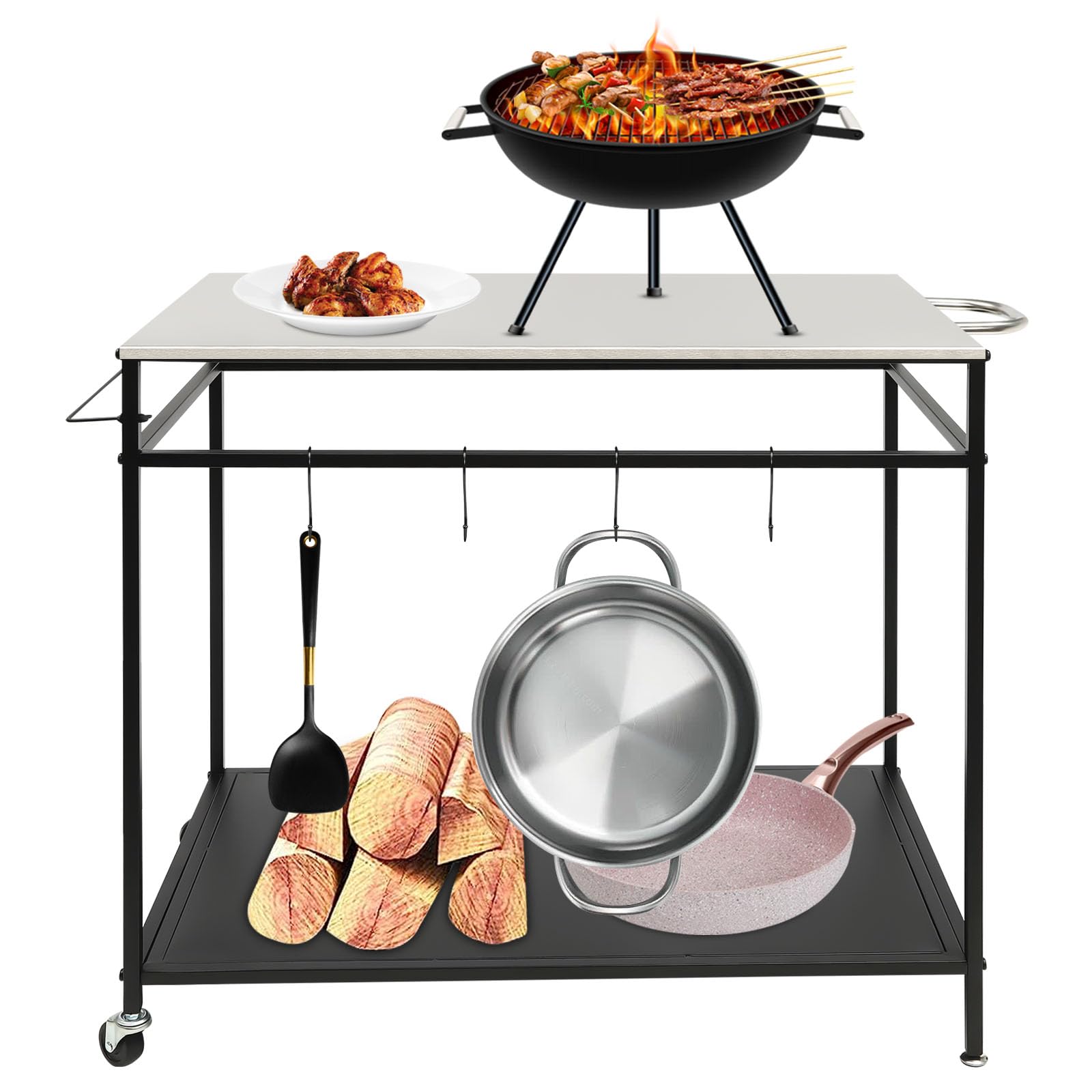 Mobile Double-Shelf Outdoor Grill Cart, Stainless Steel Dining Cart Table with Hooks and Handles, Portable Dining Table for Pizza Oven, Portable Grill Table with Storage Space