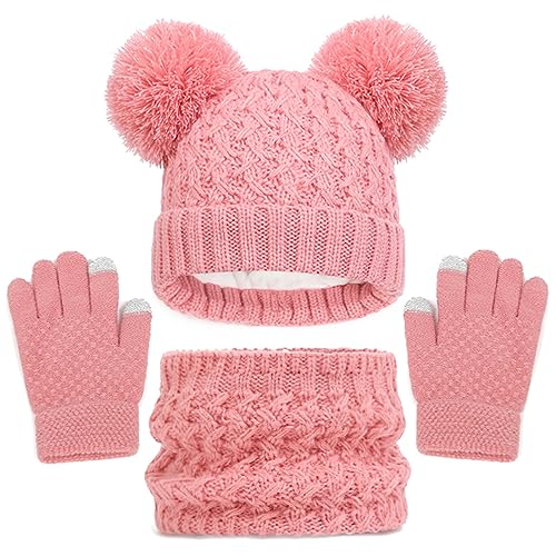 Enwokran Kids Winter Knit Beanie Hat Scarf and Touchscreen Gloves Set,Fleece Lining Beanie Hat with Cute Pom Knit Gloves Neck Warmer for Girls Boys 2-8 Years Old (Deep Pink2)