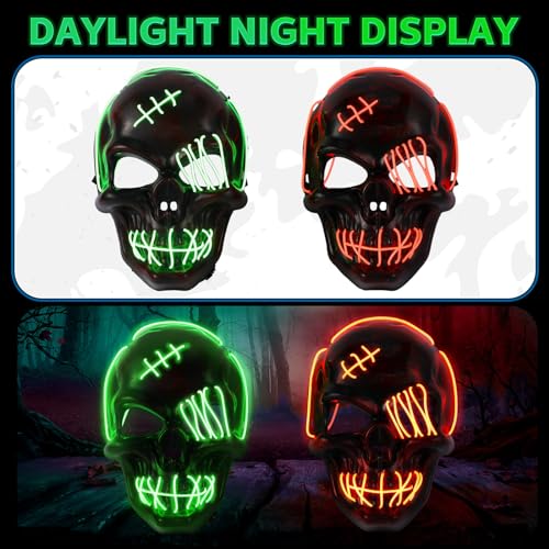 Liliful 2 Pcs Halloween Mask LED Light up Skull Mask Glow in The Dark Scary Spooky Skeleton Mask (Red, Green)