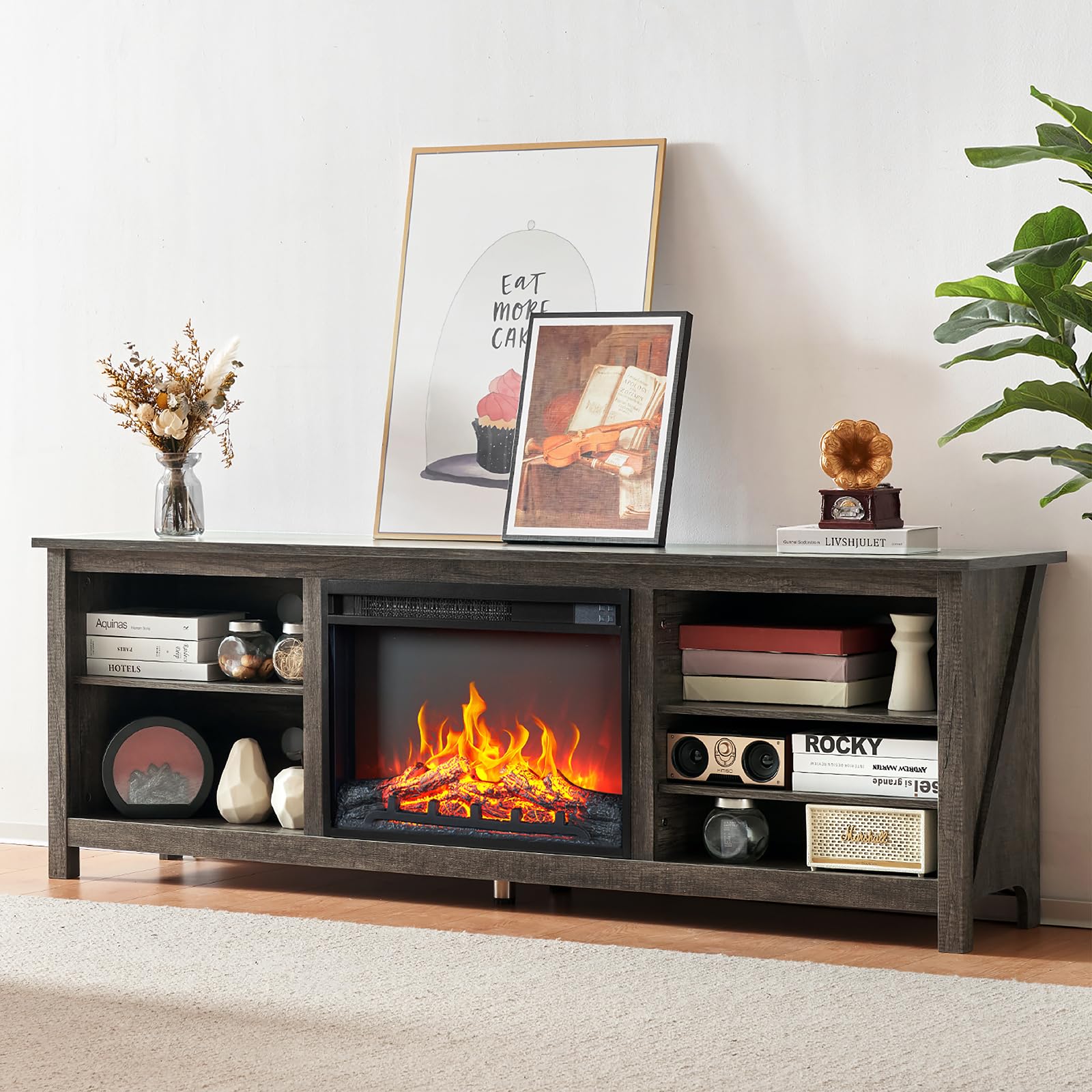 AMERLIFE Fireplace TV Stand, Wood Texture Entertainment Center with 23" Electric Fireplace, Farmhouse Entertainment Stand Media TV Console for TVs Up to 80", 70 inches, Rustic Grey