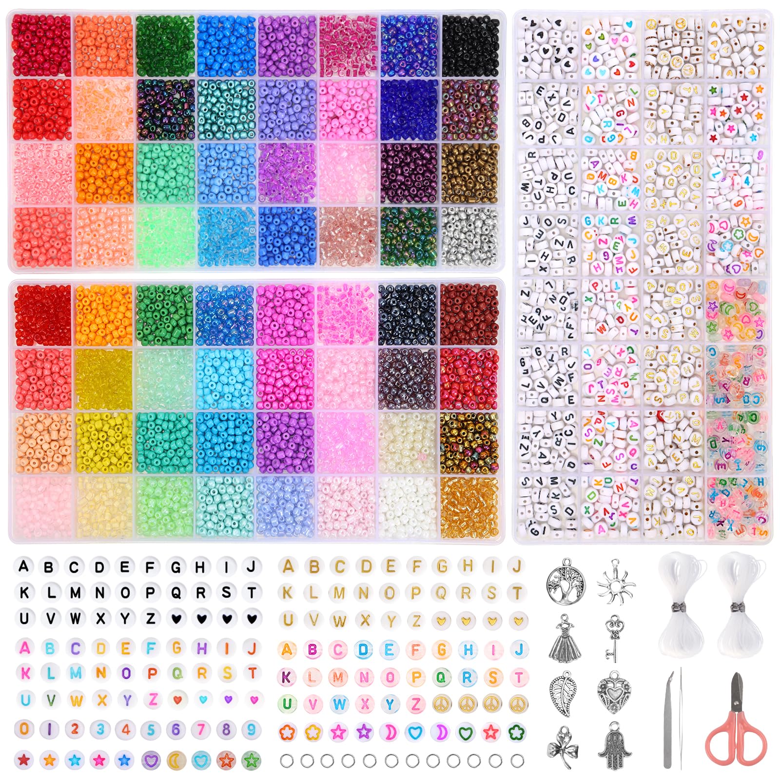 QUEFE Craft Beads Kit 6400pcs 4mm Glass Seed Beads and 960pcs Letter Beads for Friendship Bracelets Jewelry Making Necklaces and Key Chains with 2 Rolls of Crystal String, DIY Art Craft Gifts
