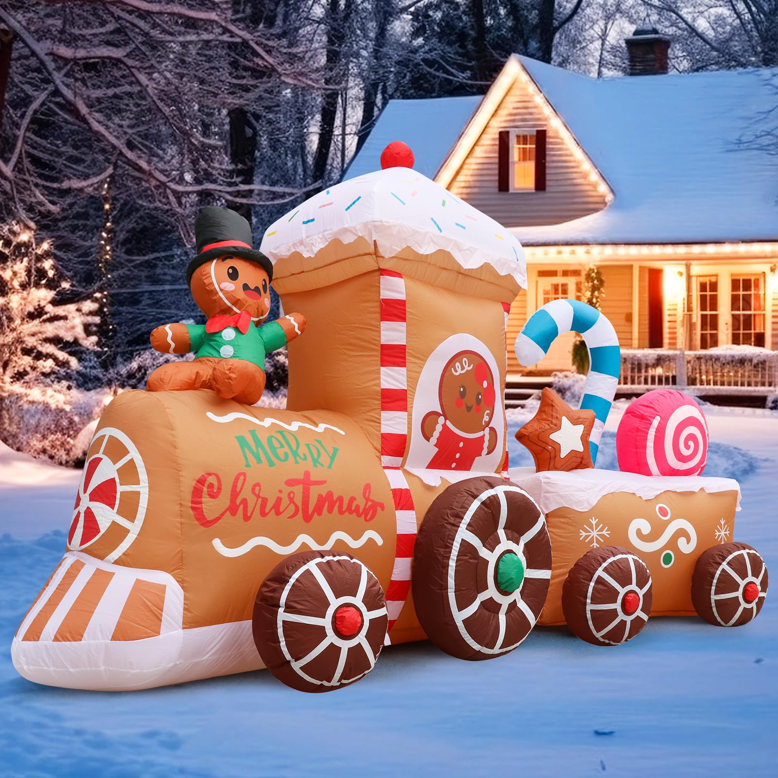 8ft Christmas Inflatable Train Decoration with LED Lights, Candy Canes, Gingerbread Men - For Outdoor