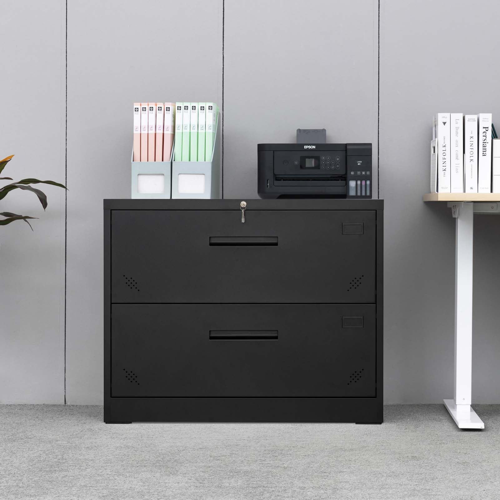 Modern Metal Lateral File Cabinet with Lock, Locking Wide File Cabinet with Large Drawer, Large Deep Storage Cabinet Locked by Keys for Home Office Letter/Legal/F4/A4 Size (Black2)