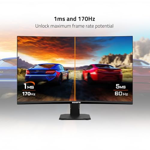 GIGABYTE GS27QC 27" 165Hz 1440P Curved Gaming Monitor, 2560 x 1440 VA 1500R Display, 1ms (MPRT) Response Time, HDR Ready, FreeSync Premium, 1x Display Port 1.4, 2X HDMI 2.0,Black