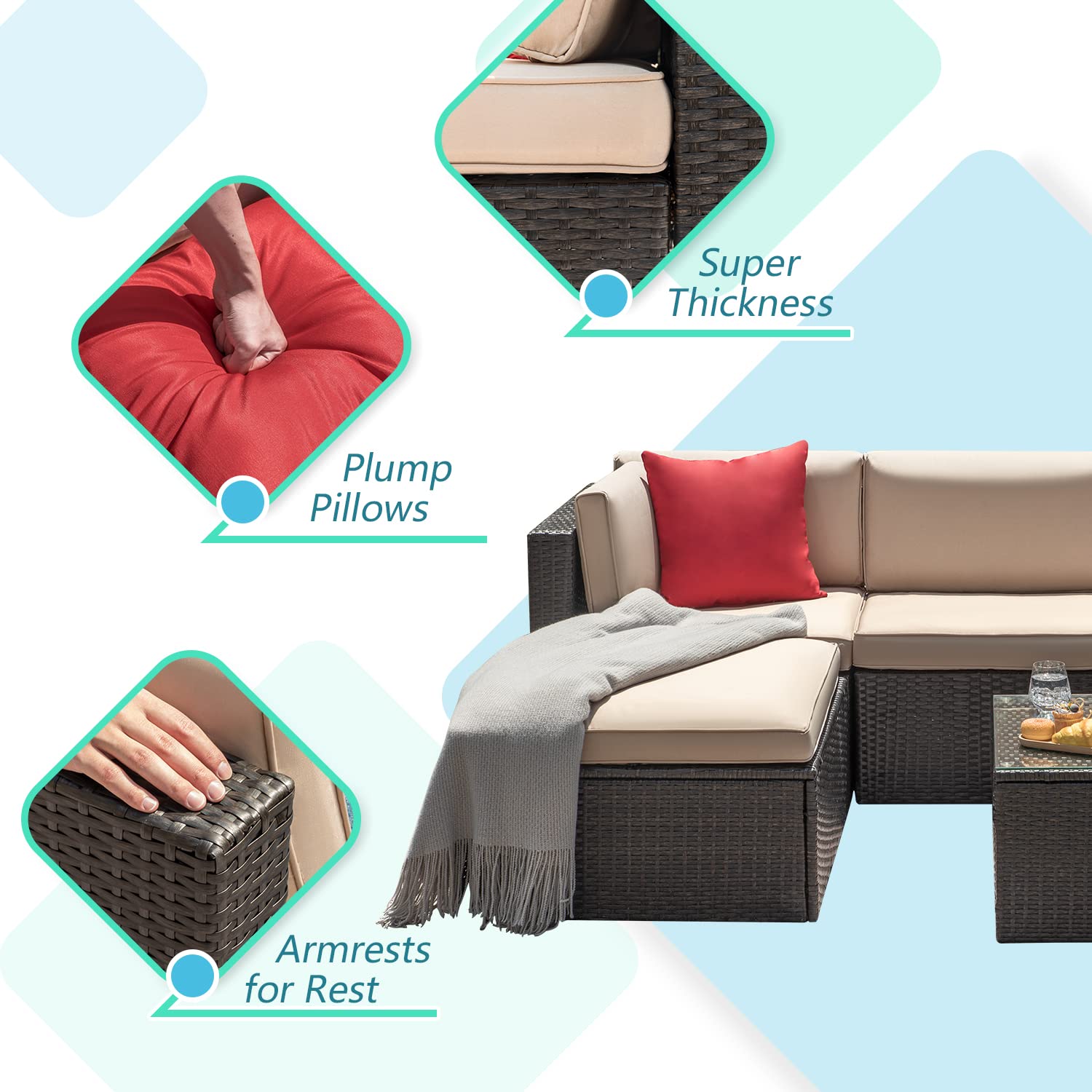 Flamaker 5-Piece Patio Furniture Set - Outdoor Wicker Sectional Sofa with Thick Cushions & Tempered Glass Table - Ideal for Deck, Porch, Terrace (Beige)