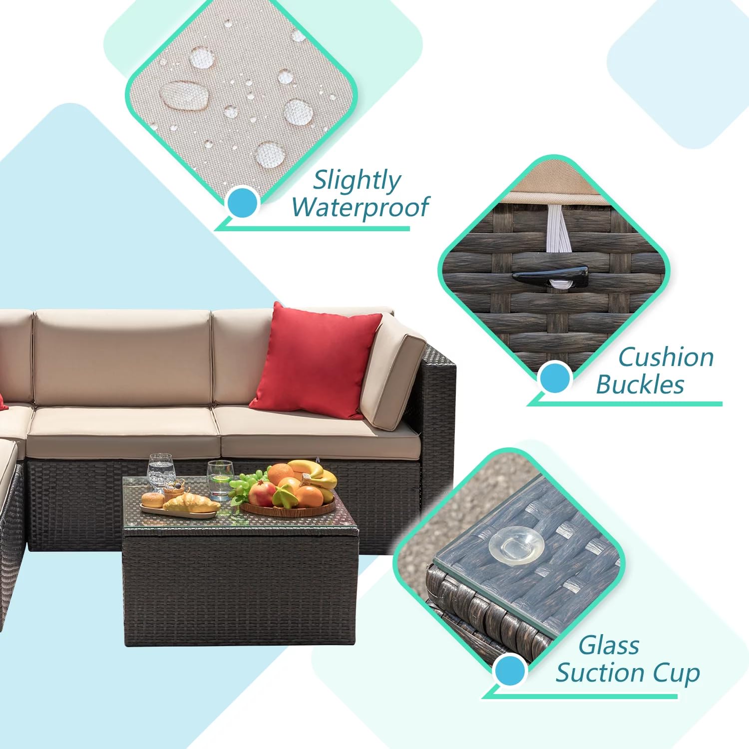 Flamaker 5-Piece Patio Furniture Set - Outdoor Wicker Sectional Sofa with Thick Cushions & Tempered Glass Table - Ideal for Deck, Porch, Terrace (Beige)