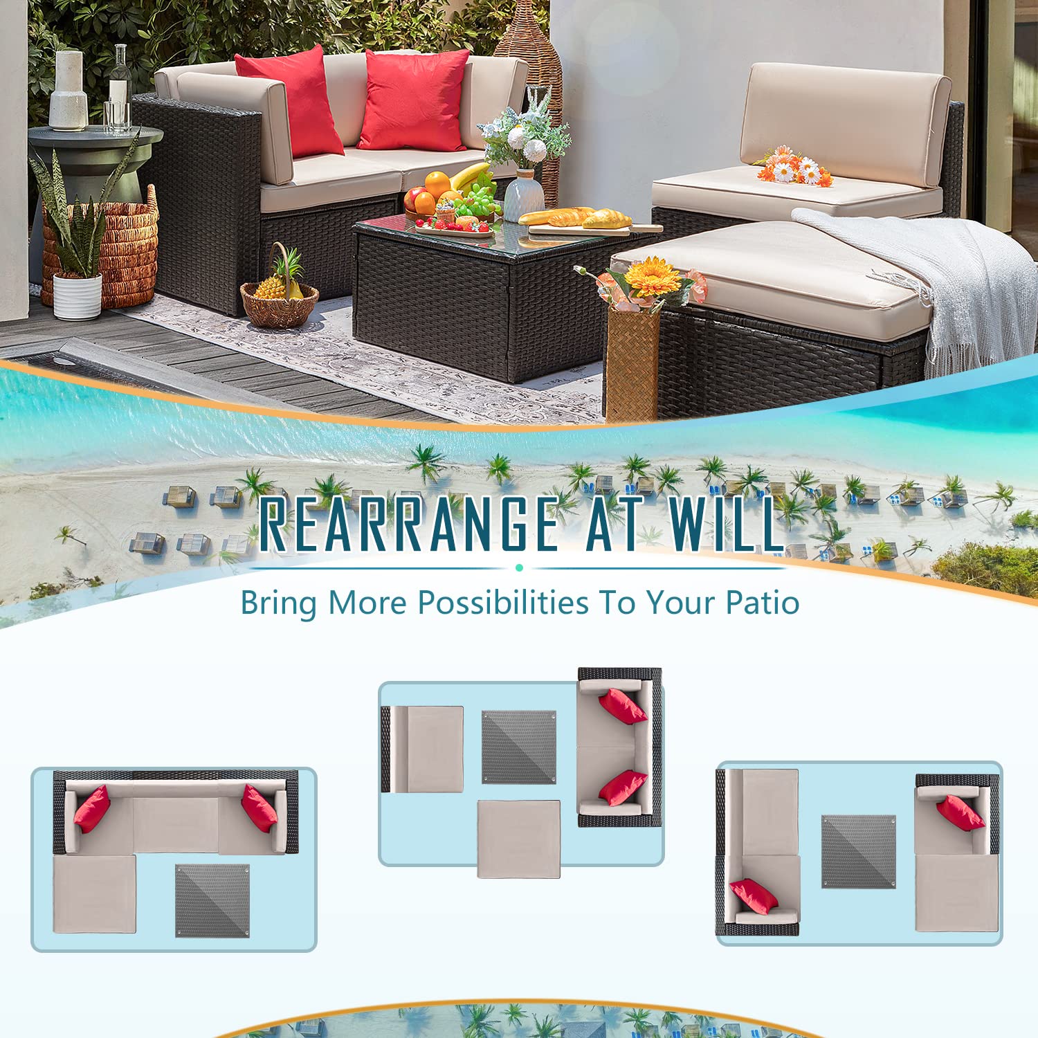 Flamaker 5-Piece Patio Furniture Set - Outdoor Wicker Sectional Sofa with Thick Cushions & Tempered Glass Table - Ideal for Deck, Porch, Terrace (Beige)