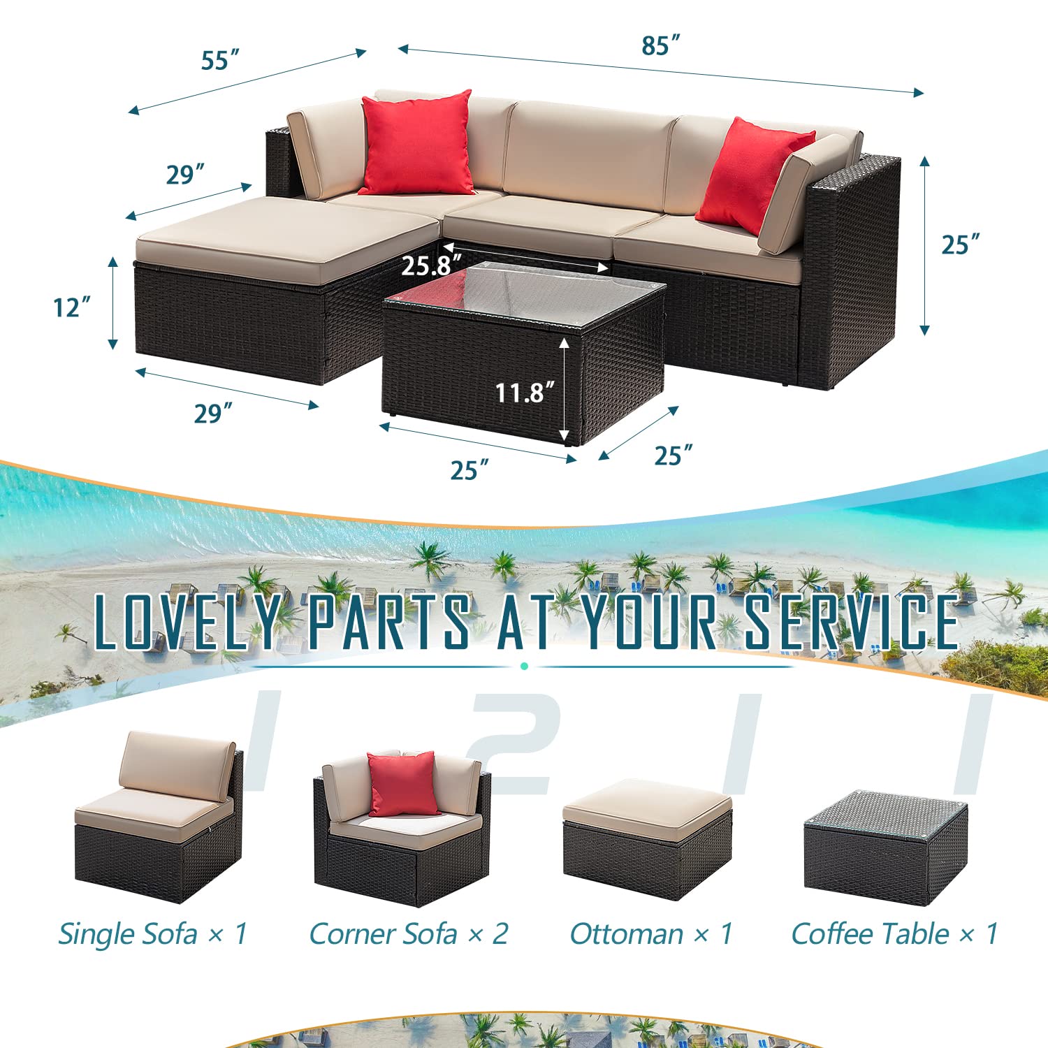 Flamaker 5-Piece Patio Furniture Set - Outdoor Wicker Sectional Sofa with Thick Cushions & Tempered Glass Table - Ideal for Deck, Porch, Terrace (Beige)