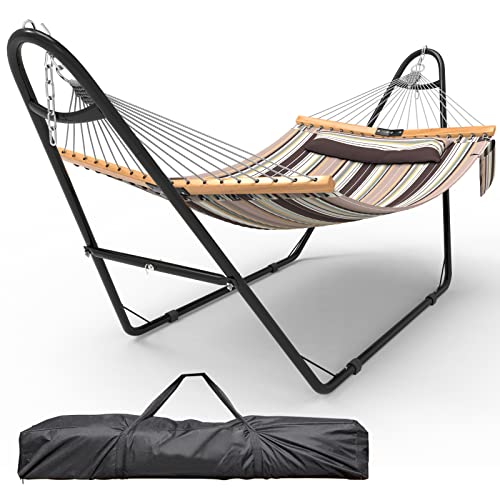 Double Hammock with Stand Included, Heavy-Duty 2 Person Hammock 550Lbs Capacity, Hammock Chair with Stand, Detachable Pillow and Cup Holder, Perfect for Indoor/Outdoor Patio, Deck, Yard(Brown)