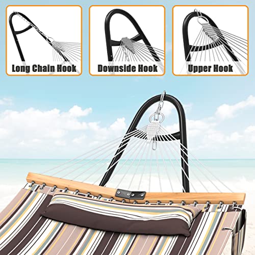 Double Hammock with Stand Included, Heavy-Duty 2 Person Hammock 550Lbs Capacity, Hammock Chair with Stand, Detachable Pillow and Cup Holder, Perfect for Indoor/Outdoor Patio, Deck, Yard(Brown)