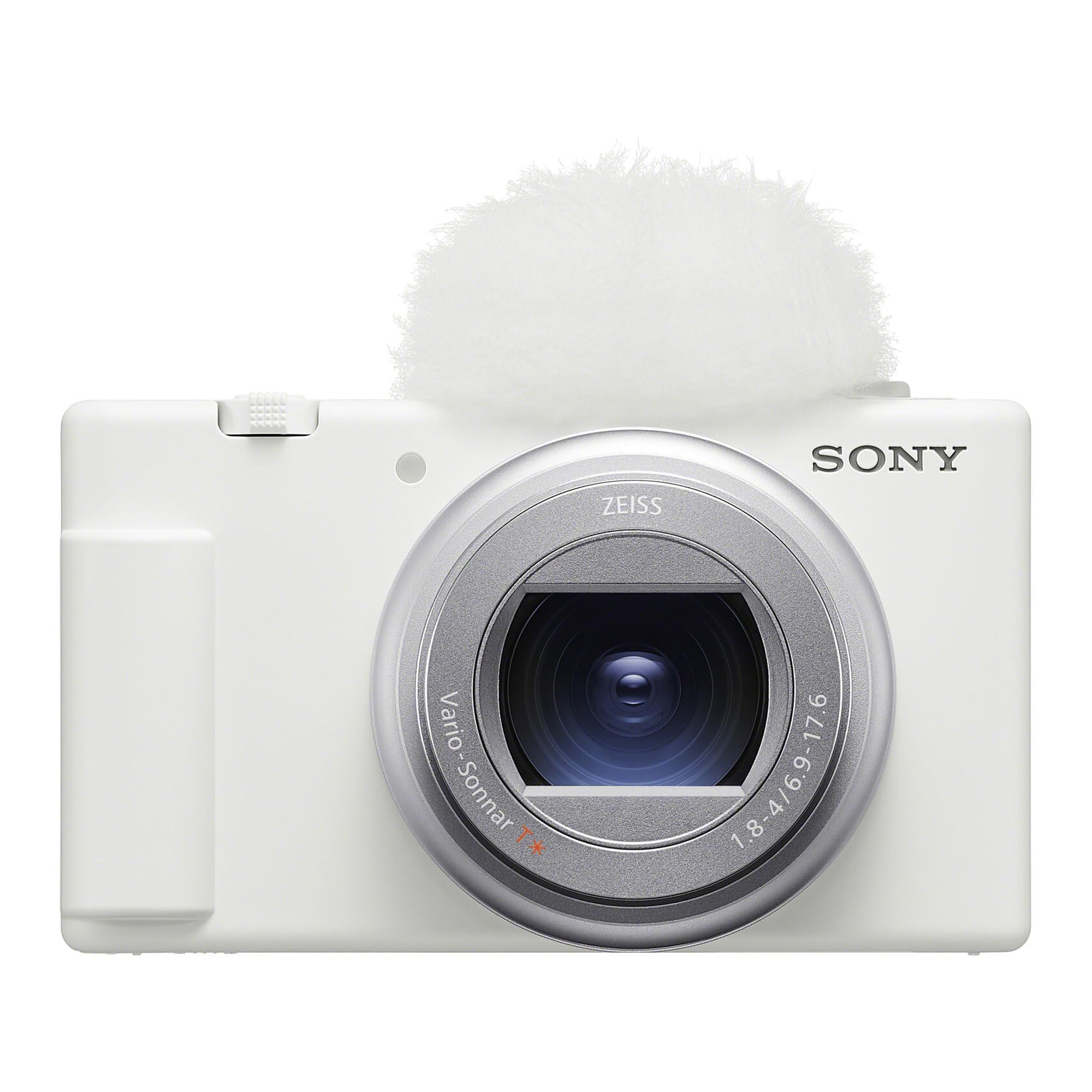 Sony ZV-1 II Vlog Camera for Content Creators and Vloggers (White) (ZV-1M2/W) + Pro Mic + 64GB Card + Corel Photo Software + 2 x NP-BX1 Battery + Card Reader + LED Light + Soft Bag + More (Renewed)
