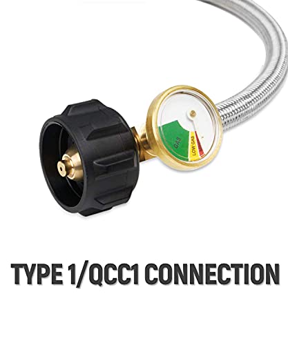 GASPRO 15-Inch RV Propane Hose with Gauge, Stainless Braided Camper Propane Hose for 5-40lb Propane Tanks and Two-Stage Propane Regulator, 1/4-Inch Male NPT x QCC-1, 2-Pack