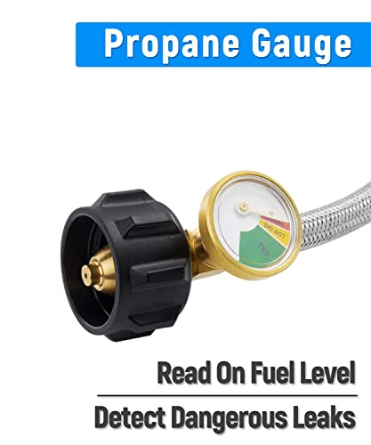 GASPRO 15-Inch RV Propane Hose with Gauge, Stainless Braided Camper Propane Hose for 5-40lb Propane Tanks and Two-Stage Propane Regulator, 1/4-Inch Male NPT x QCC-1, 2-Pack