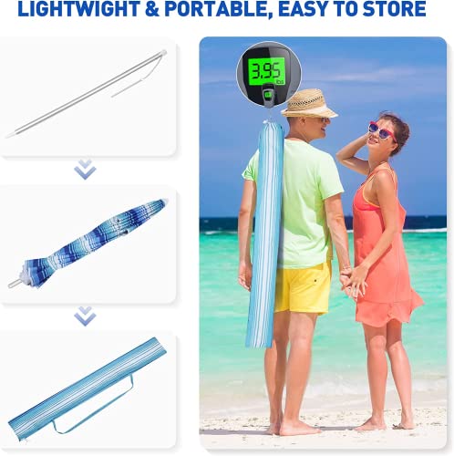 Beach Umbrella for Sand Wind Portable: 7FT Arc Length 6.5FT Diameter Heavy Duty Wind Resistant Striped Large Umbrellas UV 50+ Parasol with Anchor Screw Adjustable Height Tilting Pole 8 Ribs Carry Bag Lightweight