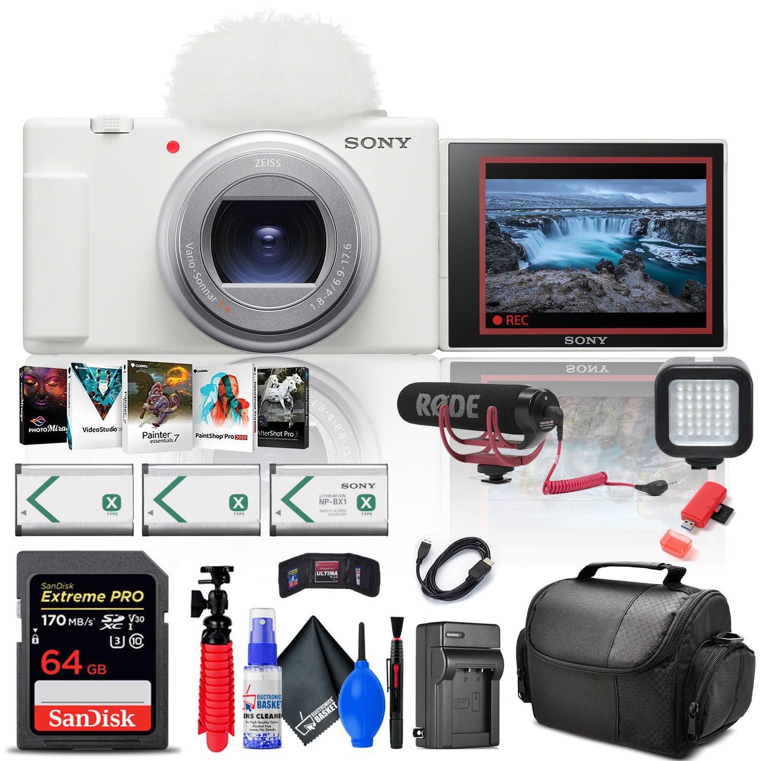 Sony ZV-1 II Vlog Camera for Content Creators and Vloggers (White) (ZV-1M2/W) + Pro Mic + 64GB Card + Corel Photo Software + 2 x NP-BX1 Battery + Card Reader + LED Light + Soft Bag + More (Renewed)