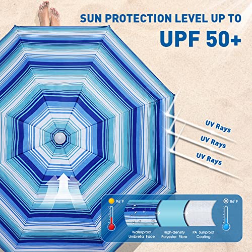 Beach Umbrella for Sand Wind Portable: 7FT Arc Length 6.5FT Diameter Heavy Duty Wind Resistant Striped Large Umbrellas UV 50+ Parasol with Anchor Screw Adjustable Height Tilting Pole 8 Ribs Carry Bag Lightweight