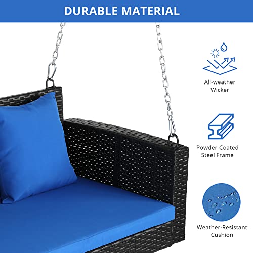 VINGLI Heavy Duty 800 LBS Wicker Hanging Porch Swing with Cushions & Chains, 4FT Outdoor Rattan Swing Bench for Garden, Yard, Lawn (Black+Blue)