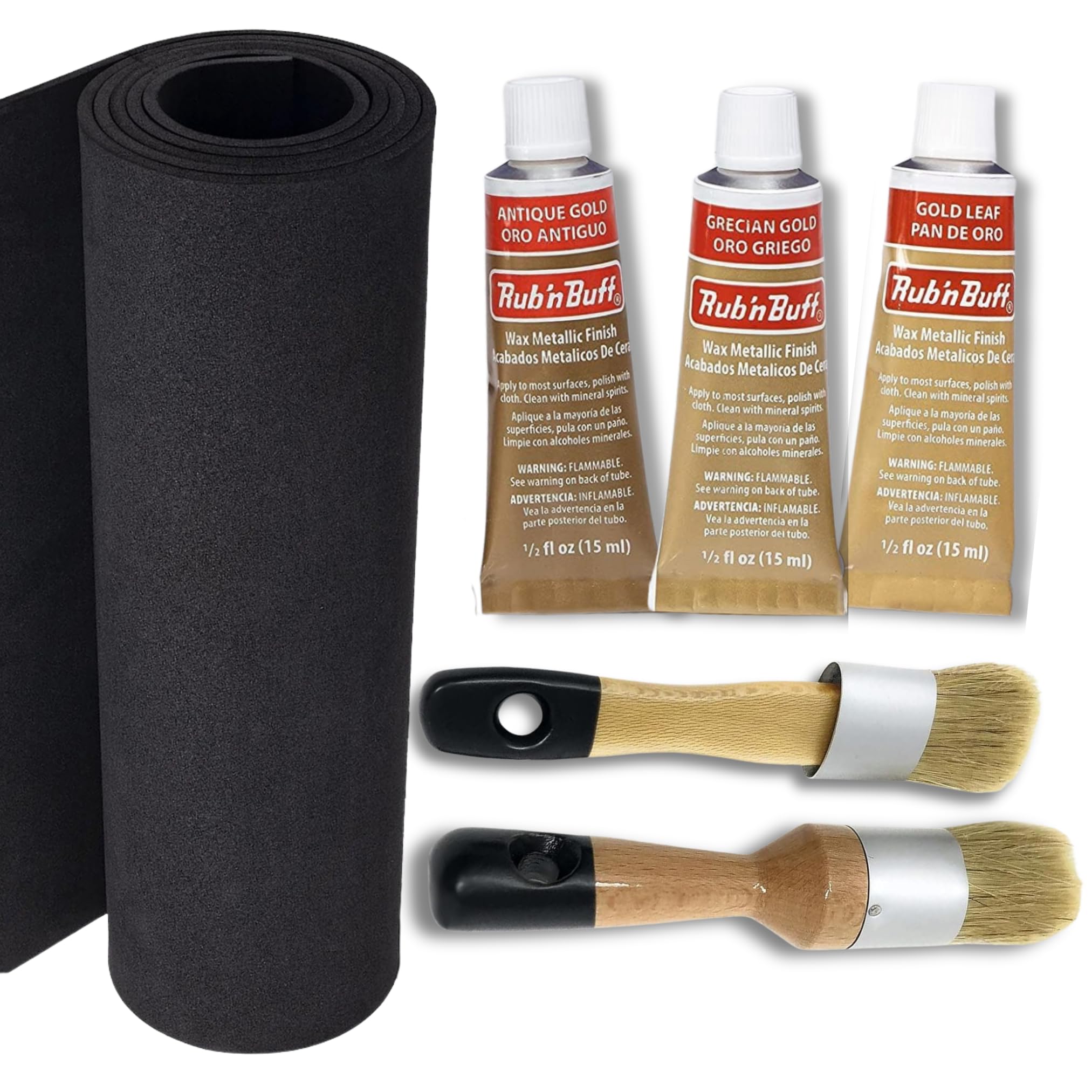 EVA Foam and Amaco Rub 'n Buff Wax Metallic Finish - Pixiss High Density Foam Roll (35cm x 150cm x 5mm eva Foam), Rub and Buff (Grecian Gold, Antique Gold, Gold Leaf) - Wax Paint and Foam for Cosplay