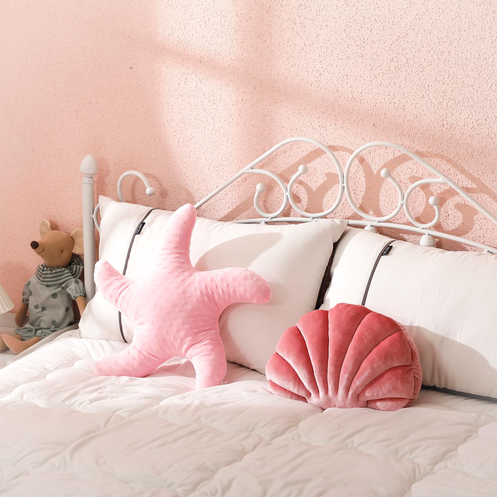 Newwiee 2 Pcs Starfish Pillow Shell Pillows Star Shaped Pillow Seashell Shaped Accent Throw Pillows Beach Pillows Decorative Throw Pillows for Small Couch Bed Bedroom Living Room (Pink)