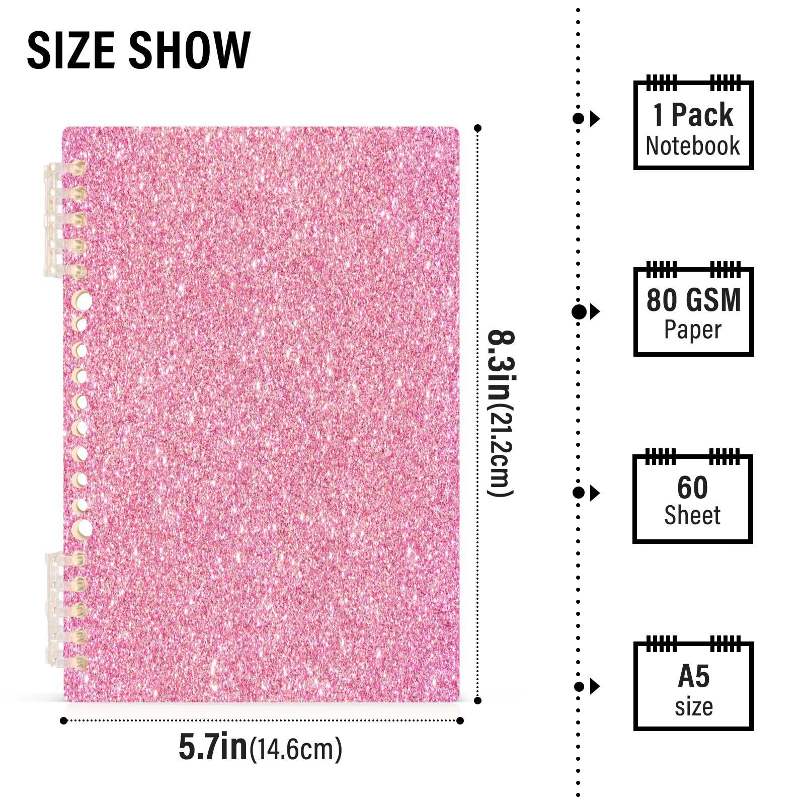 Coikll Pink Glitter Texture Spiral Notebook Detachable Ruled Wirebound Paper Durable Spiral Binding Note Book for Work, Writing, Journaling-60 Sheets