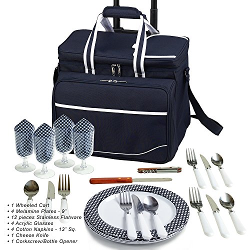 Picnic at Ascot Original Insulated Picnic Cooler with Service for 4 on Wheels-Designed & Assembled in the USA