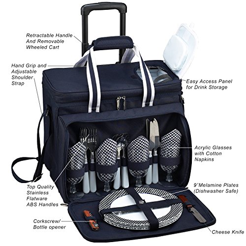 Picnic at Ascot Original Insulated Picnic Cooler with Service for 4 on Wheels-Designed & Assembled in the USA