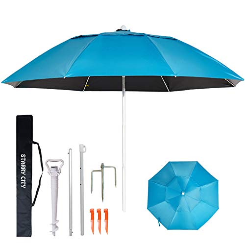 Beach Umbrellas STARRY CITY 7.2 Feet Large Sun Shade Shelter Portable Windproof 3 Links Design Patio Umbrella with Sand Anchor For Garden Beach Outdoor Poor (Bule, 7.2FT)