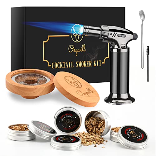 Bourbon Whiskey Cocktail Smoker Kit with Torch, OKYWILL Drink Smoker Infuser Kit with Four Flavors Wood Chips For Smoked Old Fashioned Cocktails, Whiskey Bourbon Gifts for Men, Fathers Day (No Butane)