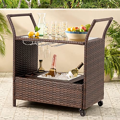 Vicluke Outdoor Wicker Bar Cart with Removable Ice Bucket, Rattan Bar Serving Cart with Glass Holder and Wheels, Beverage Cart with Glass Countertop for Pool, Party, Backyard