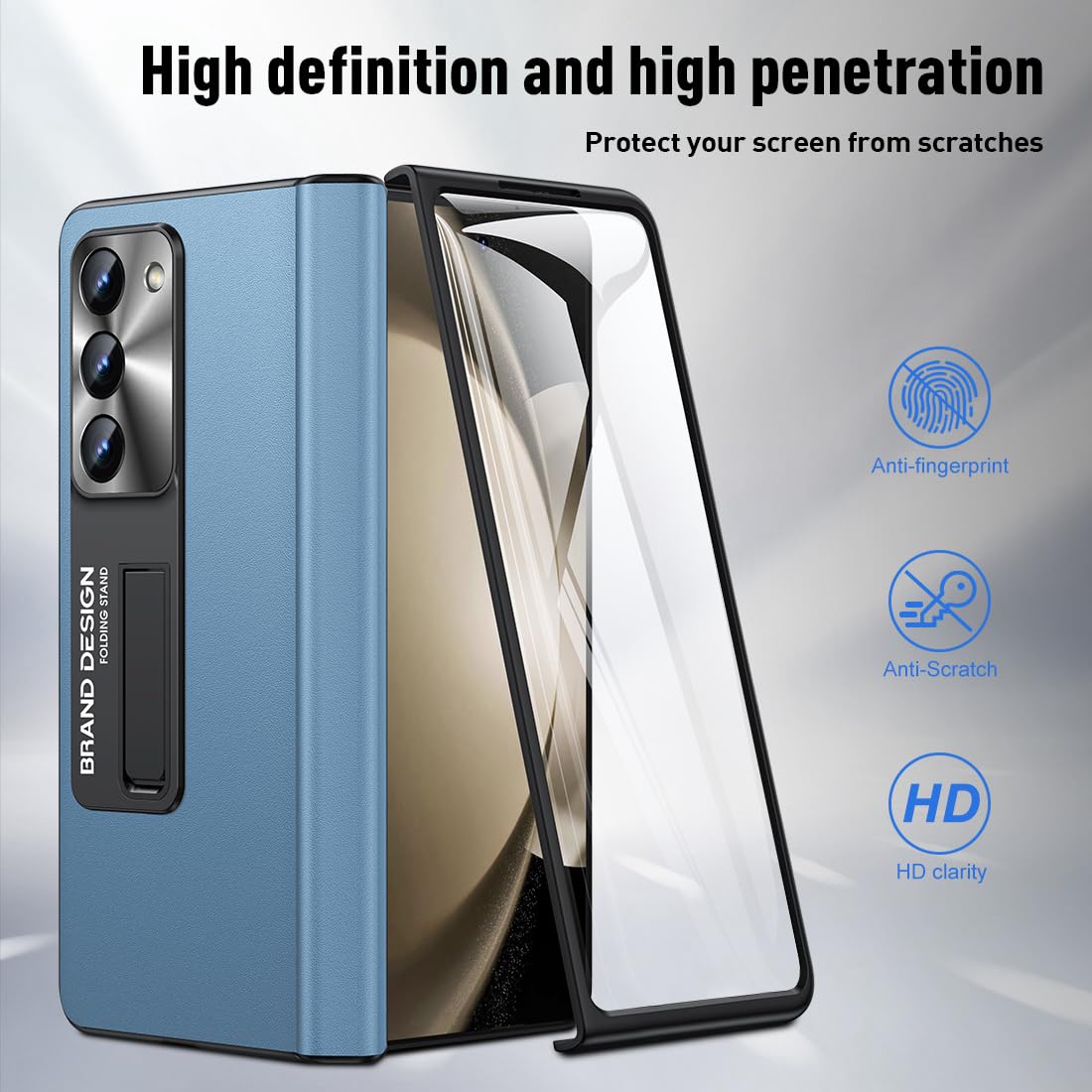 LEIAU for Samsung Galaxy Fold 5 Case: Luxury Genuine Leather case with Full Cover Hinge Protection & Screen Protector & Kickstand - Shockproof Protective Phone Case for Galaxy Z Fold 5 5G Blue