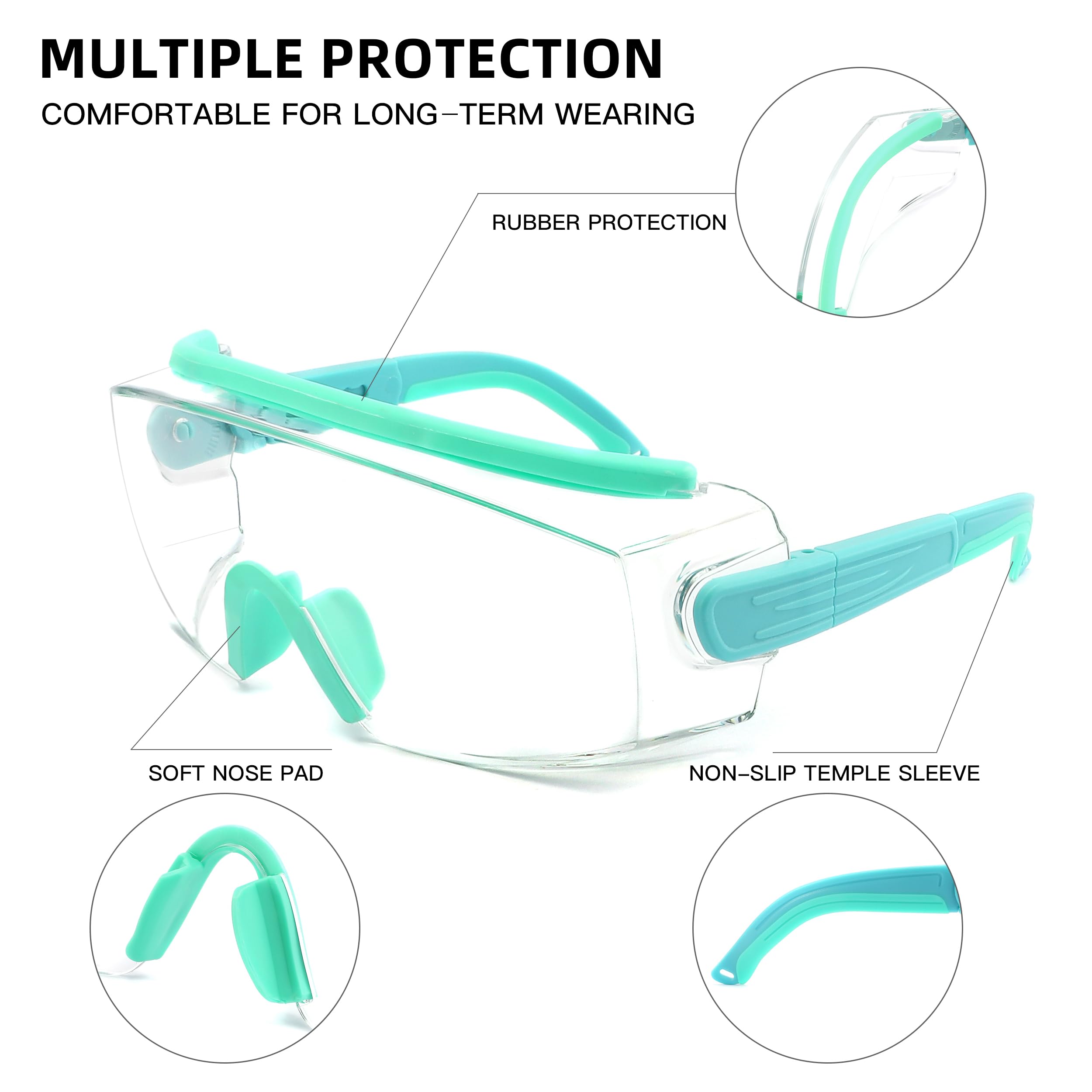 WEYMENG Safety Glasses Over Eyeglasses Anti Fog Safety Goggles Protective Glasses With Adjustable Frame For Men Women (Aquamarine)