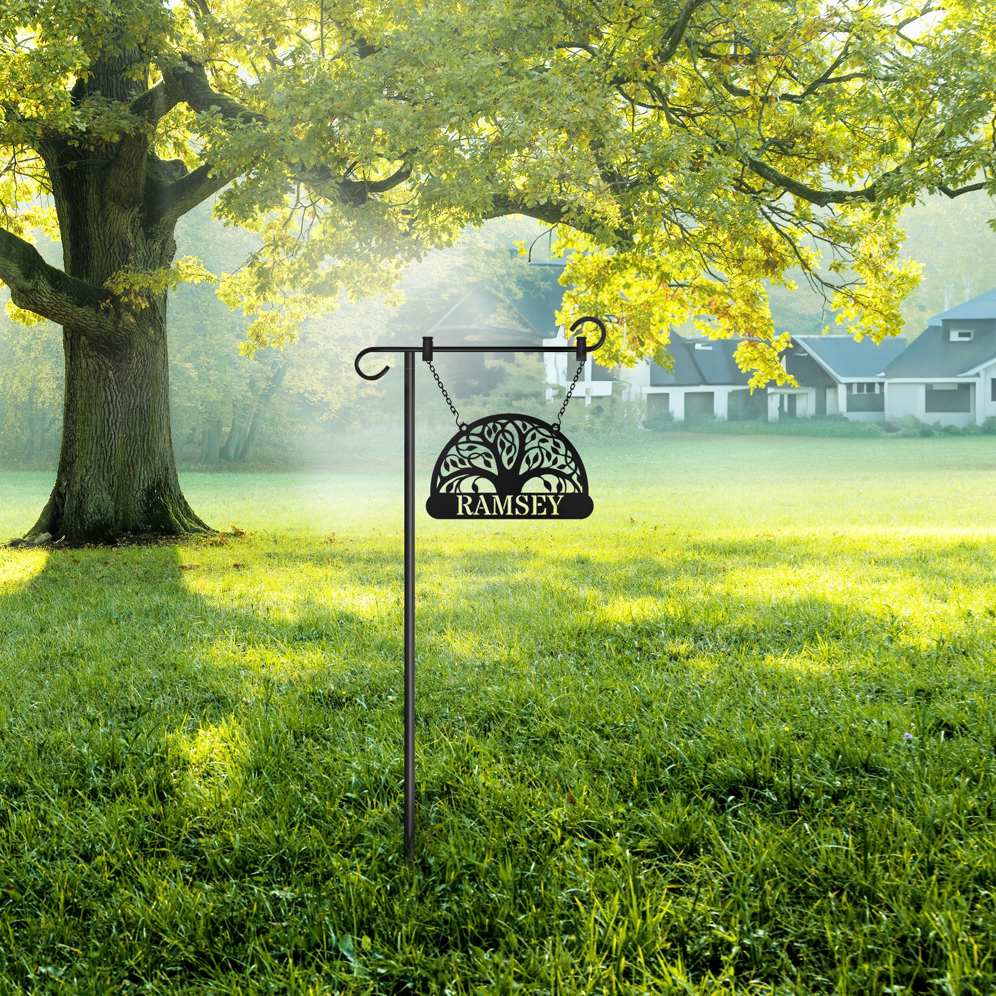 Personalized Tree of Life Hanging Metal Sign - Garden Flag Hanging Sign with Last Name - Custom Hanging Sign on Optional Adjustable 34-50" Pole for Outdoors Porch, Driveway