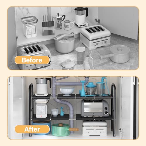 POJORY 2 Piece Expandable Height/Length Under Sink Organizers and Storage, 2 Tier Cabinet Shelf Organizer with 8 Detachable Panels for Under Kitchen Bathroom Sink Organizers and Storage,Black