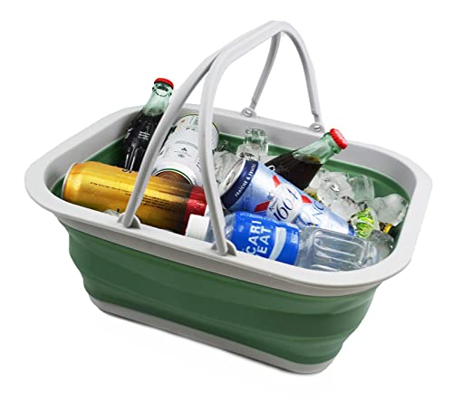 SAMMART 15L (4 Gallons) Collapsible Basket with Handle - Portable Outdoor Picnic Basket/Crater - Foldable Shopping Bag - Space Saving Storage Container (Dark Sea Green + Dusky Pink)
