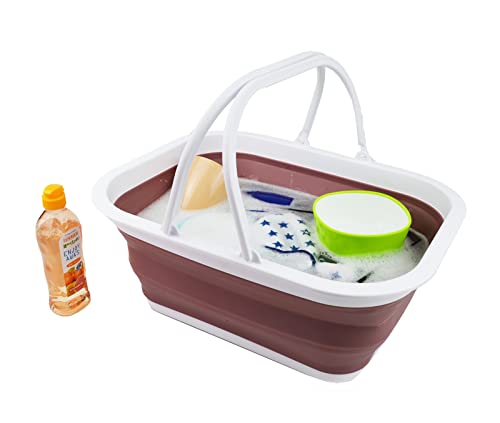 SAMMART 15L (4 Gallons) Collapsible Basket with Handle - Portable Outdoor Picnic Basket/Crater - Foldable Shopping Bag - Space Saving Storage Container (Dark Sea Green + Dusky Pink)