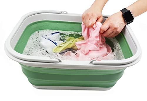 SAMMART 15L (4 Gallons) Collapsible Basket with Handle - Portable Outdoor Picnic Basket/Crater - Foldable Shopping Bag - Space Saving Storage Container (Dark Sea Green + Dusky Pink)