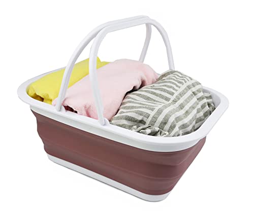 SAMMART 15L (4 Gallons) Collapsible Basket with Handle - Portable Outdoor Picnic Basket/Crater - Foldable Shopping Bag - Space Saving Storage Container (Dark Sea Green + Dusky Pink)