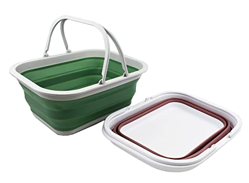 SAMMART 15L (4 Gallons) Collapsible Basket with Handle - Portable Outdoor Picnic Basket/Crater - Foldable Shopping Bag - Space Saving Storage Container (Dark Sea Green + Dusky Pink)