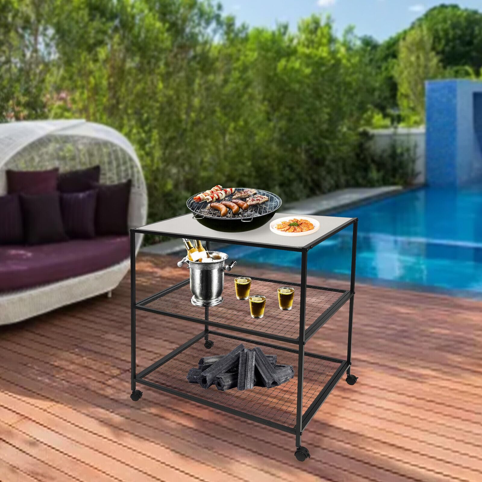 Outdoor Grill Dining Cart 3-Shelf Movable Dining Cart Adjustable Prep Cart Table Stand Storage Rack Shelves Kitchen Heavy Duty Grill Cart for Camping Lawn
