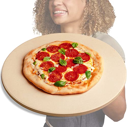Cast Elegance Durable Thermal Shock Resistant Thermarite Pizza and Baking Stone for Oven and Grill, Includes Recipe E-Book & Cleaning Scraper, Large, 16 inch Round, 5/8th inch Thick