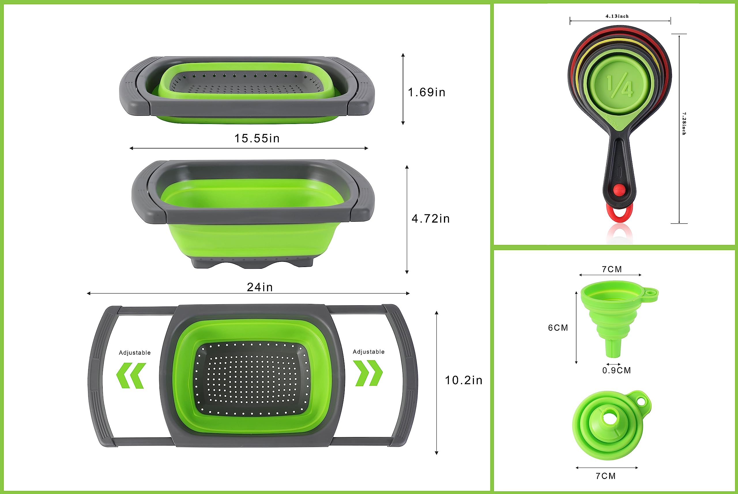 Collapsible Colander with Silicone Measuring Cups & Funnels for Filling Bottles, Food Strainers for Kitchen over the Sink with Extendable Handle (Green)