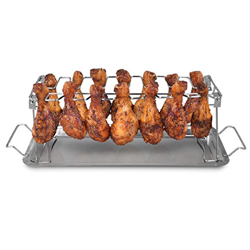 Navaris Stainless Steel Chicken Leg & Wing Rack - 14 Slot Roaster Stand for Chicken Legs, Wings, Drumstick with Drip Tray for Smoker Grill or Oven