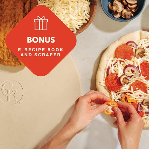 Cast Elegance Durable Thermal Shock Resistant Thermarite Pizza and Baking Stone for Oven and Grill, Includes Recipe E-Book & Cleaning Scraper, Large, 16 inch Round, 5/8th inch Thick
