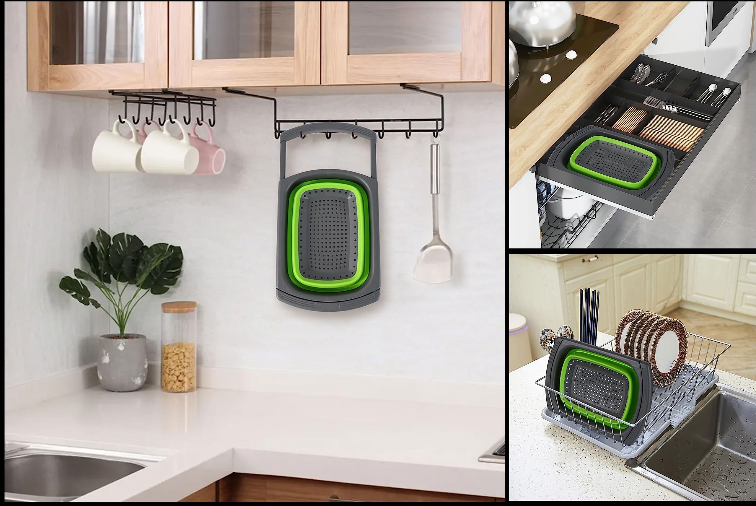 Collapsible Colander with Silicone Measuring Cups & Funnels for Filling Bottles, Food Strainers for Kitchen over the Sink with Extendable Handle (Green)