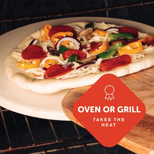 Cast Elegance Durable Thermal Shock Resistant Thermarite Pizza and Baking Stone for Oven and Grill, Includes Recipe E-Book & Cleaning Scraper, Large, 16 inch Round, 5/8th inch Thick