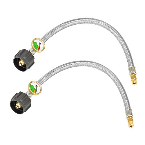 only fire 15 Inch RV Propane Hose with Gauge,Stainless Steel Propane Pigtail Connects Propane Cylinder to 2 Stage Propane Regulator or Appliance with 1/4 Inch Inverted Male Flare, 2-Pack